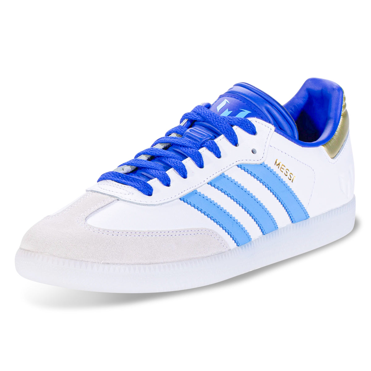 adidas Samba Messi Soccer Shoes (White/Gold/Sky Blue) - Soccer Wearhouse